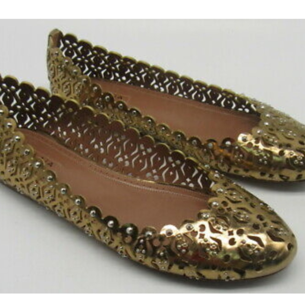 Alaia Laser-Cut Gold Studded Ballet Flats - Gem